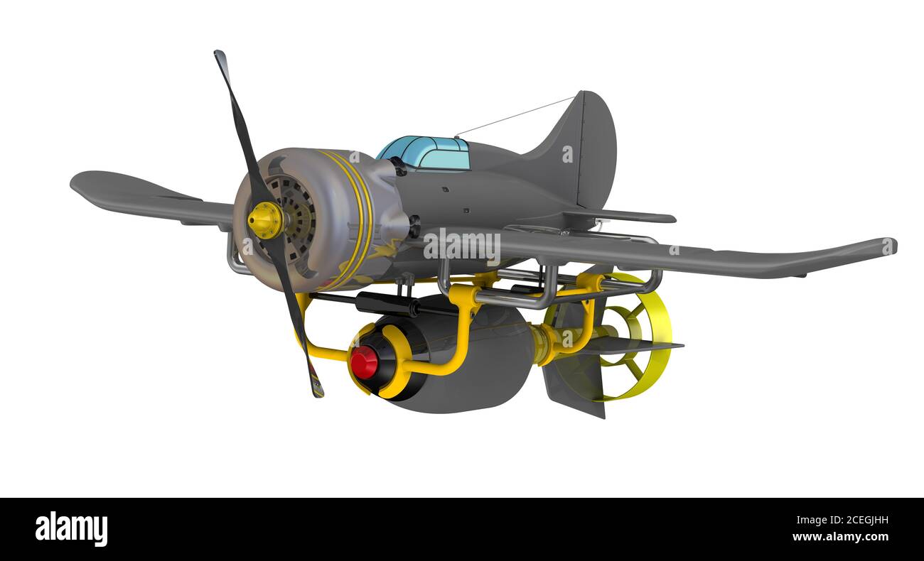 Airplane with big bomb. Grey propeller plane in flight with a big ...