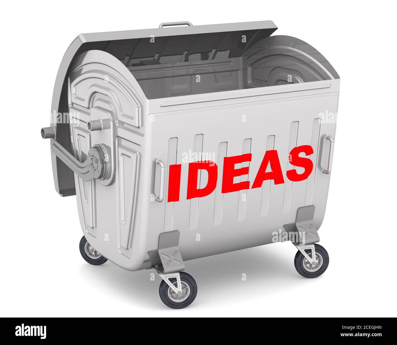 Trash can for bad ideas. Open trash container labeled with the red word ...