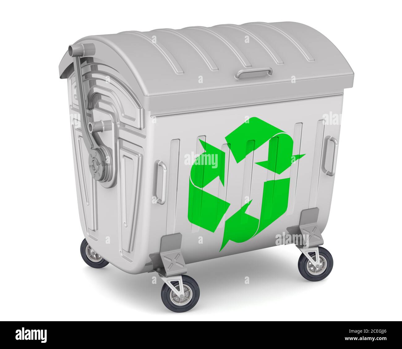 Closed trash container with the international recycling symbol on white ...