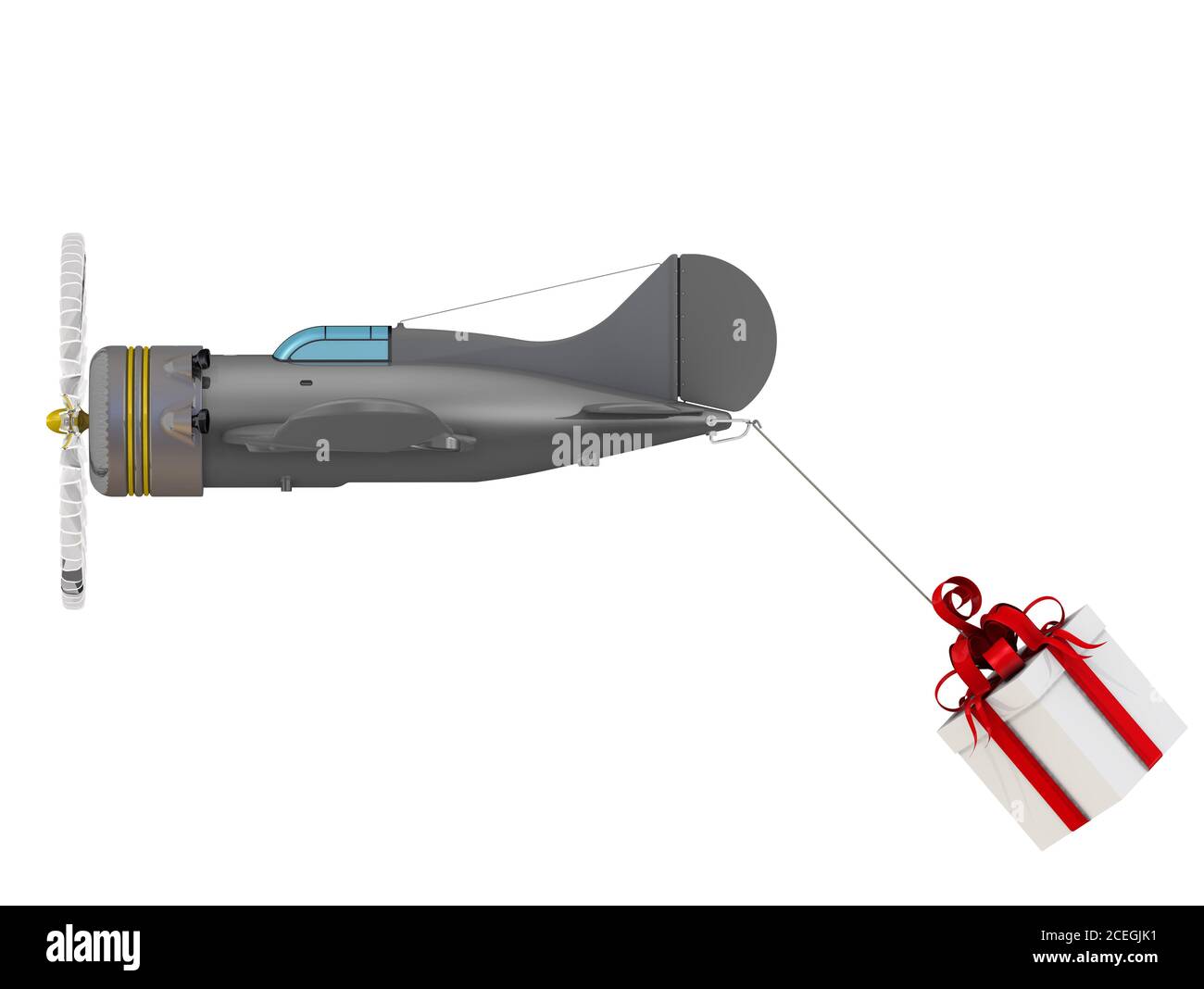 Airplane with gift box. Grey propeller plane in flight with gift box on ...