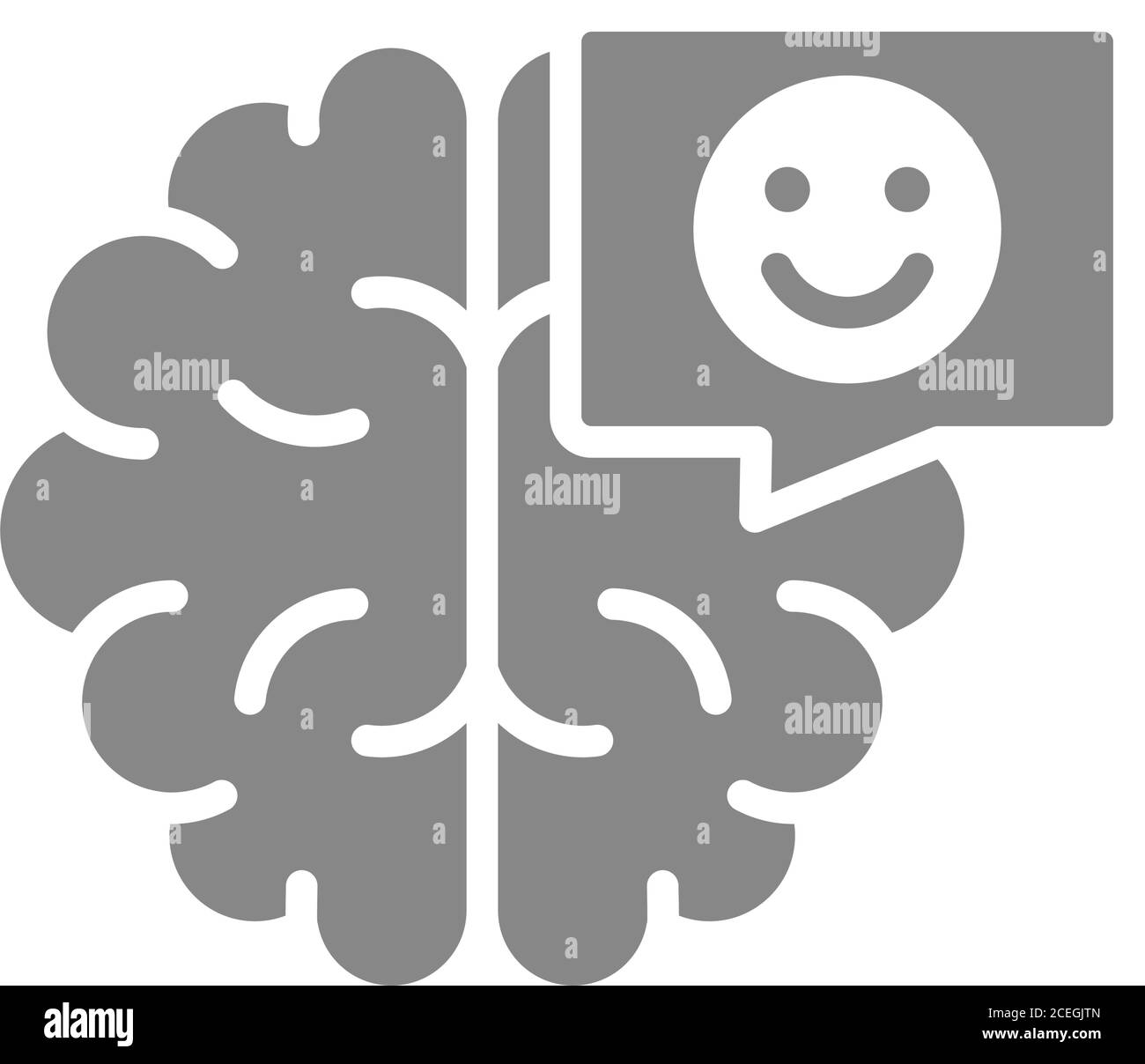 Brain with happy face in chat bubble gray icon. Healthy internal organ ...