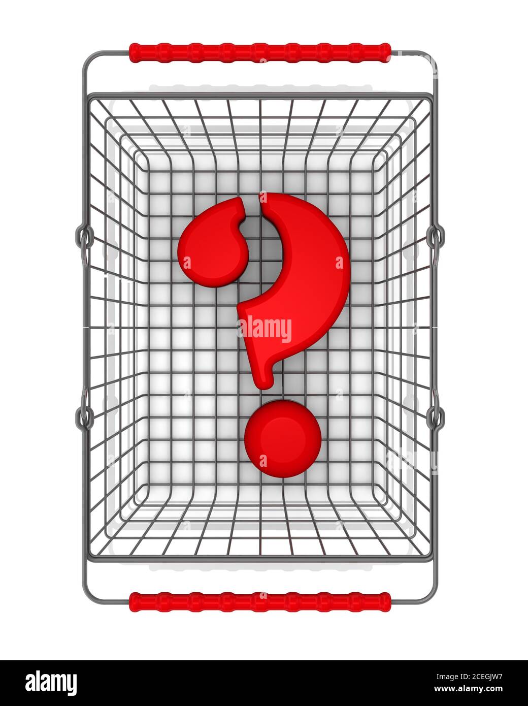 What to buy? Shopping basket and red question mark. 3d illustration ...