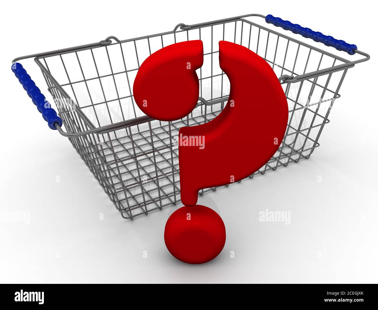 What to buy? Shopping basket and red question mark. 3d illustration ...