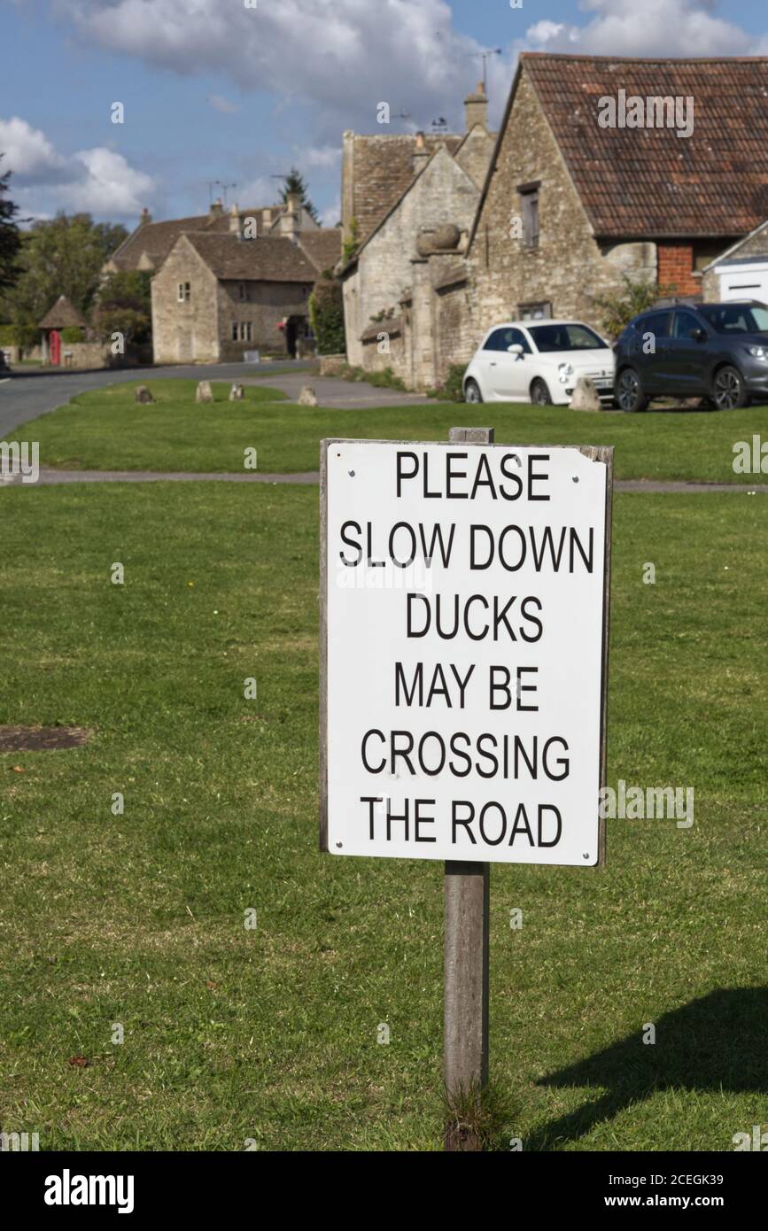 please slow down, ducks may be crossing the road sign in Biddestone ...