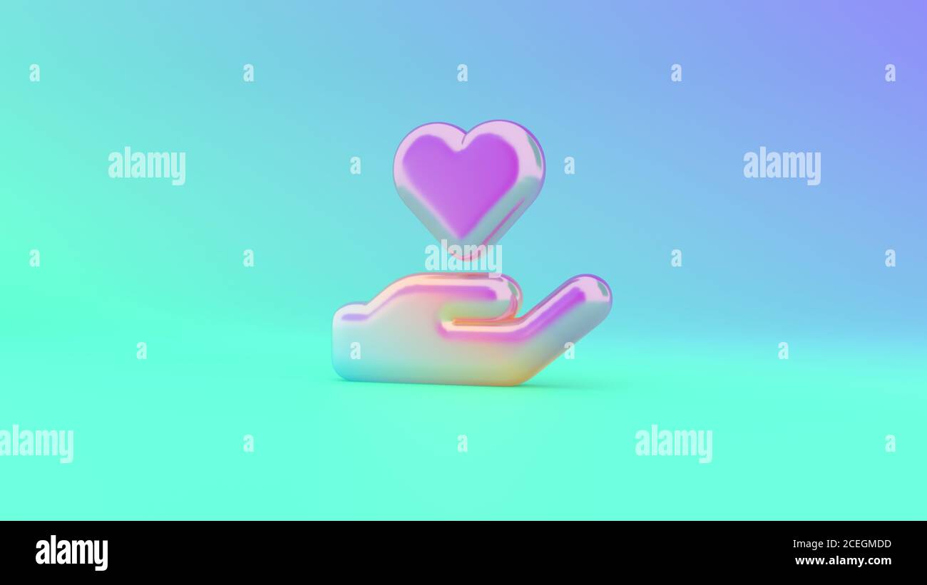 Colorful vibrant 3d rendering puffed symbol of hand holding heart on ...
