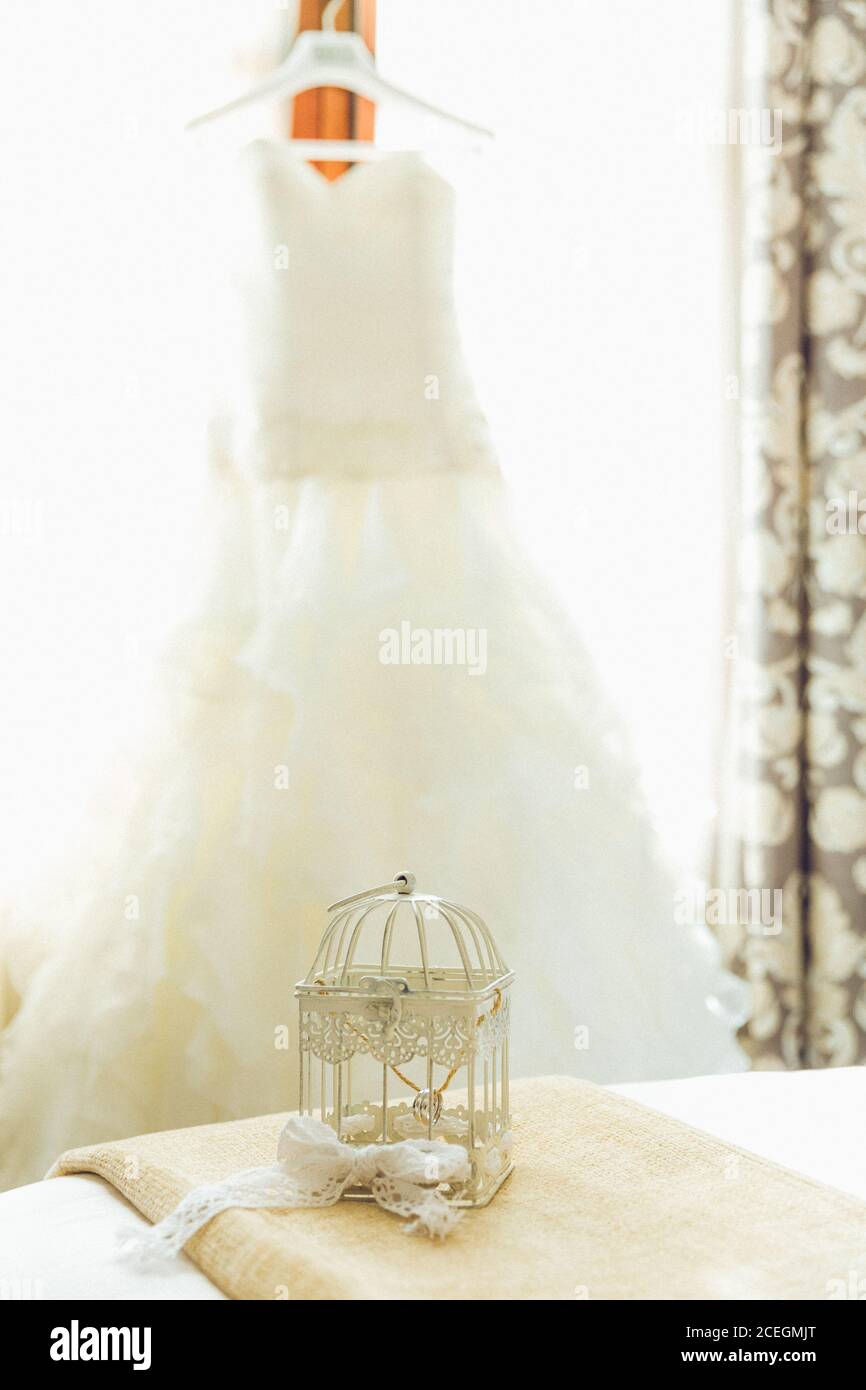Elegant bird cage with wedding rings Stock Photo - Alamy
