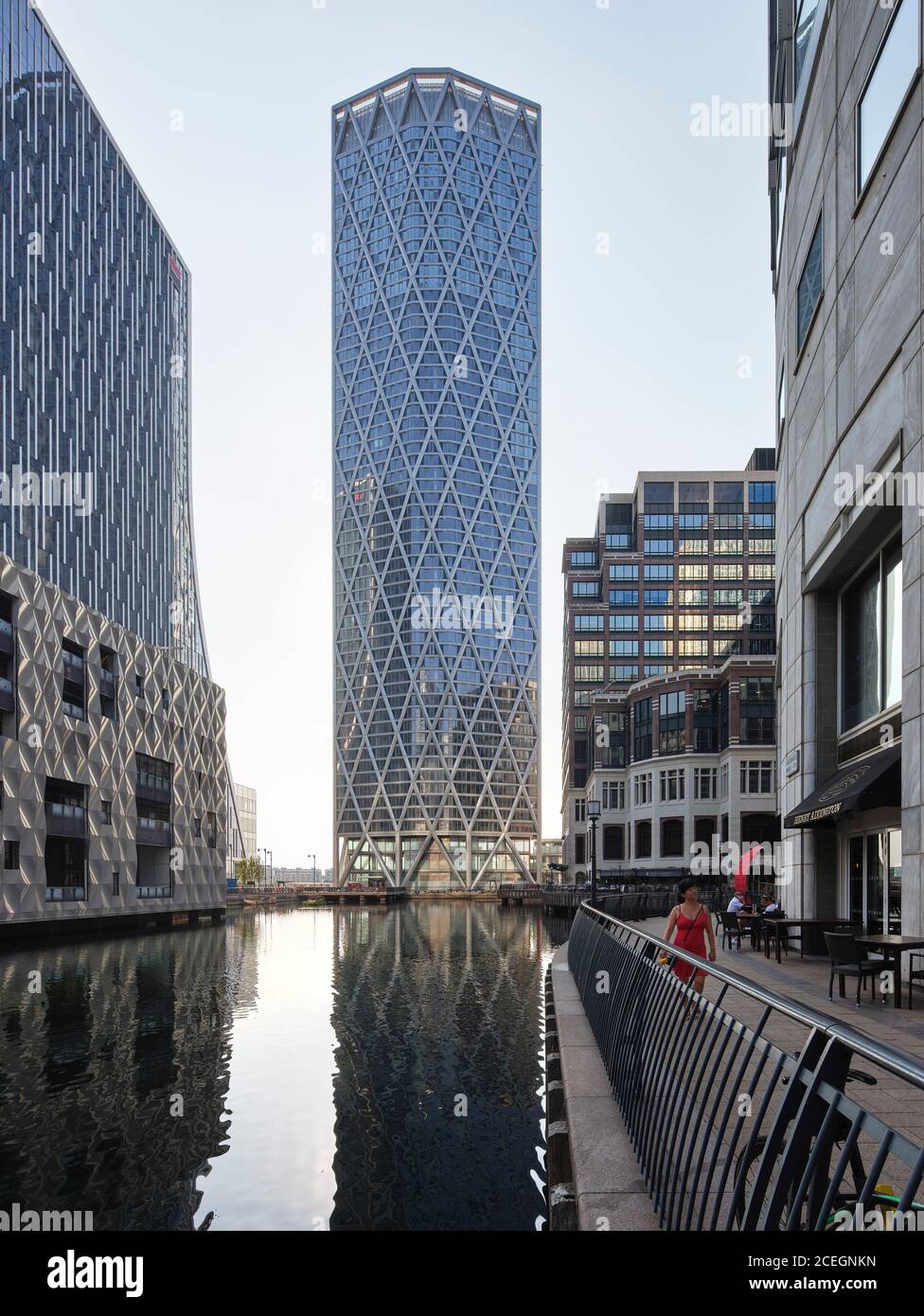 East elevation of tower with reflection in glazing and in Middle Dock ...