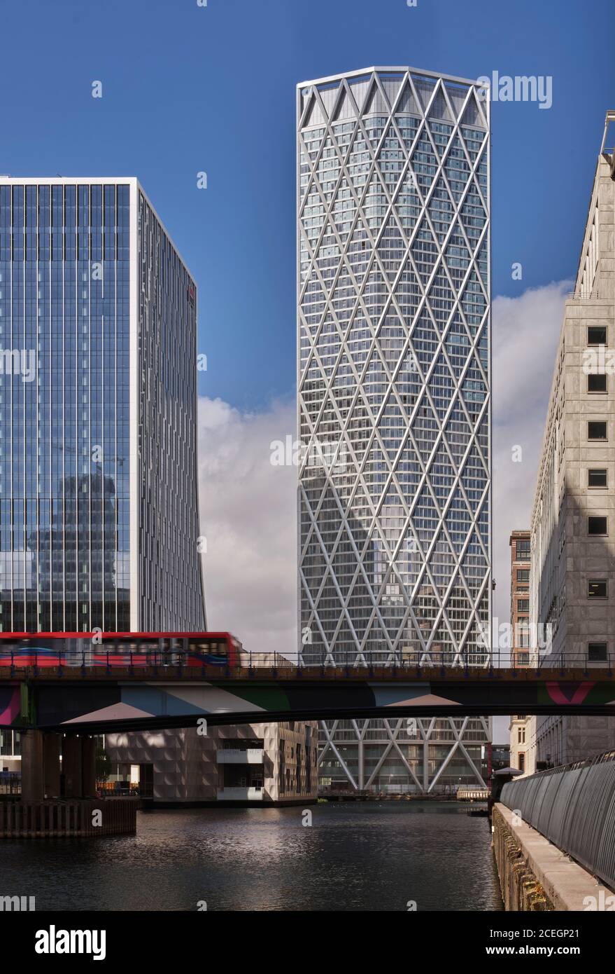 East elevation of tower with DLR rail bridge across Middle Dock ...