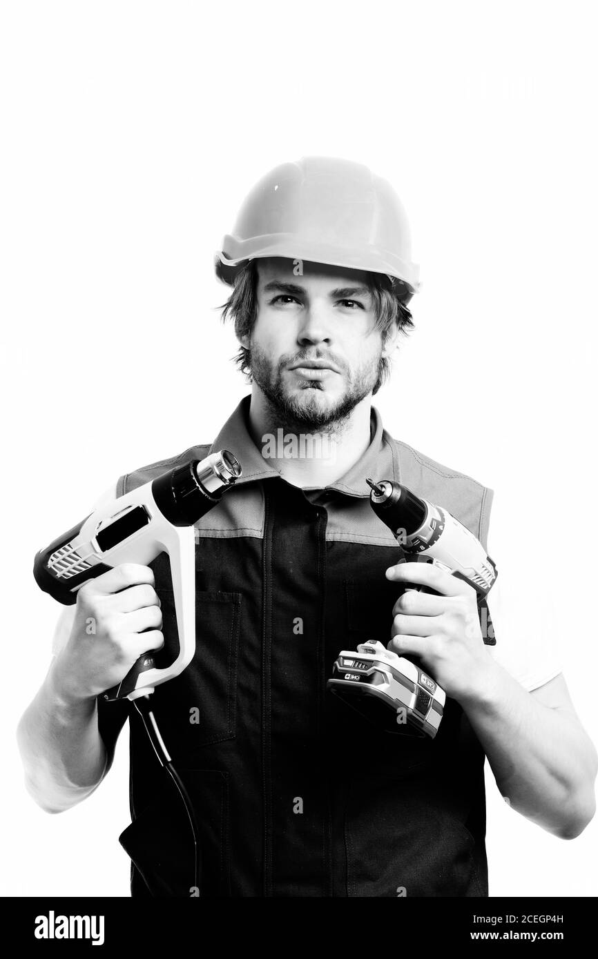 Builder in helmet and uniform, isolated on white background ...