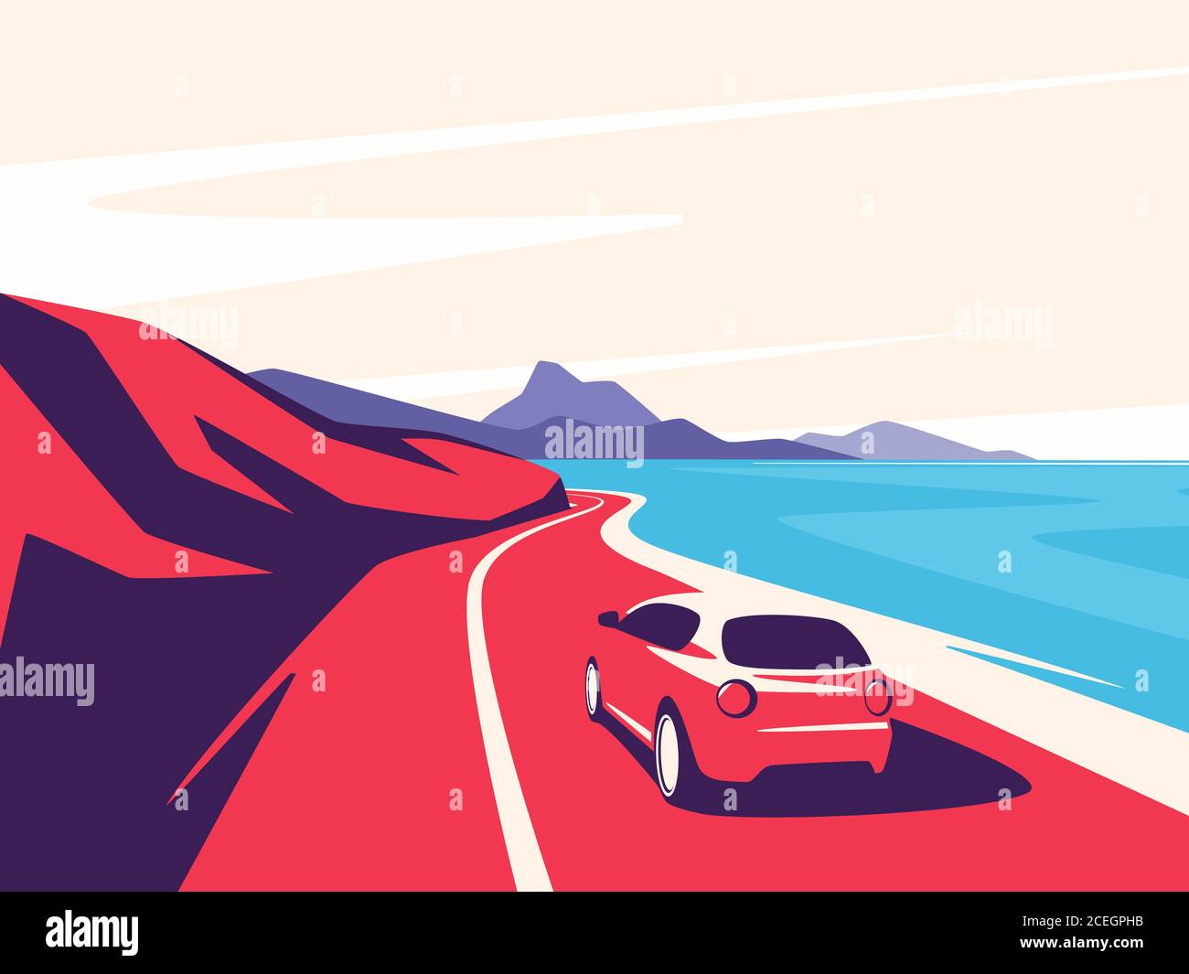 Vector illustration of a red car moving along the ocean mountain road ...