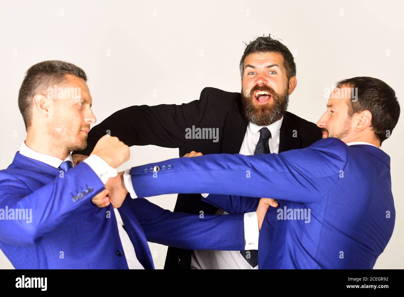 Businessmen wear smart suits and ties. Men with beard and serious and ...