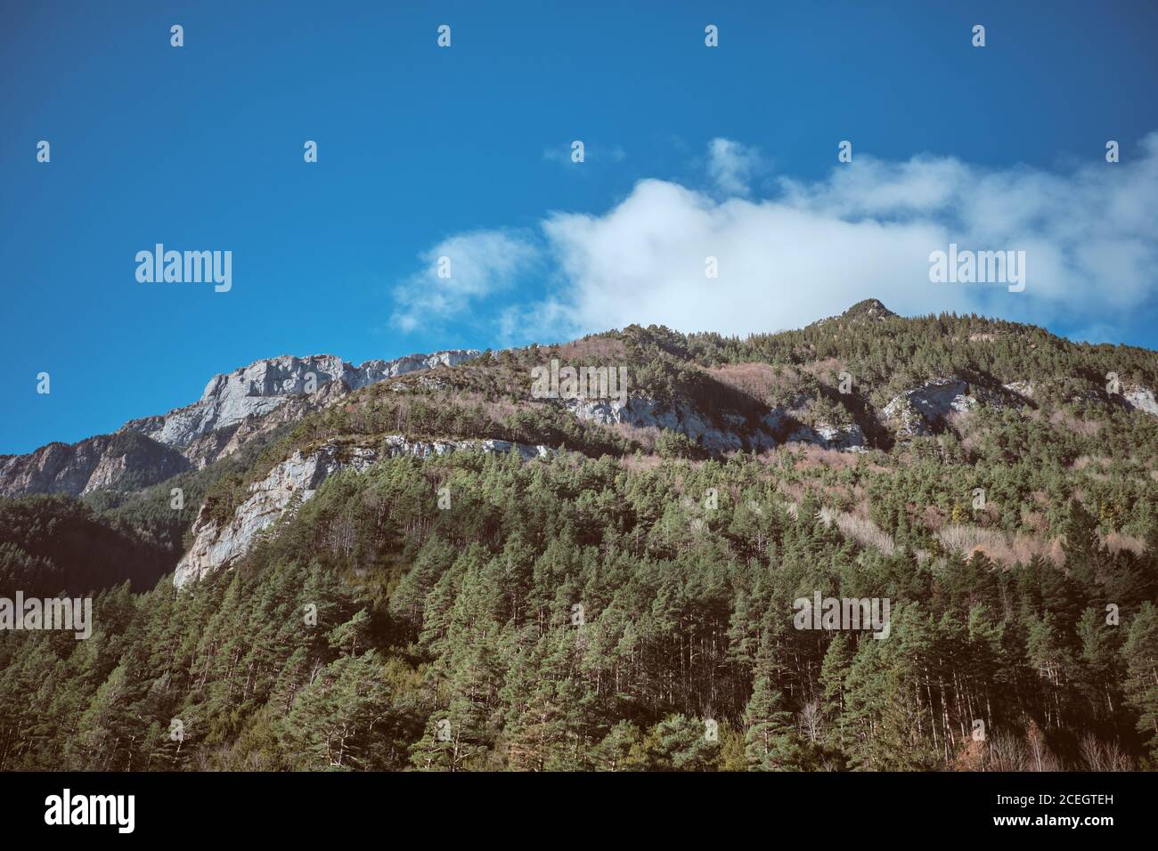 Small white cloud floating on blue sky over wonderful mountain covered ...