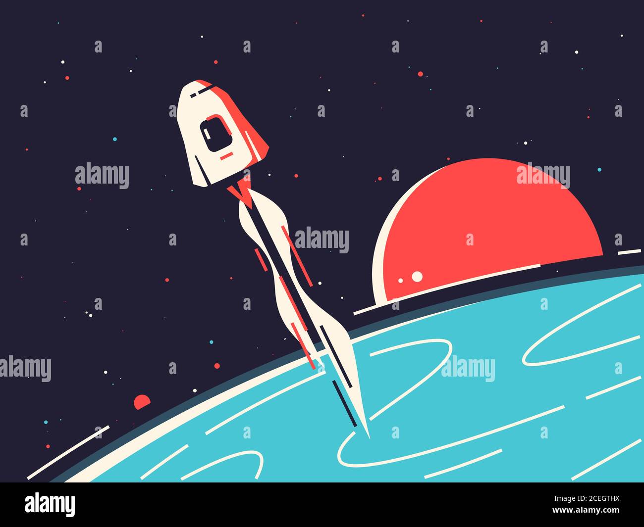 Vector illustration of a reusable spacecraft entering into orbit around ...
