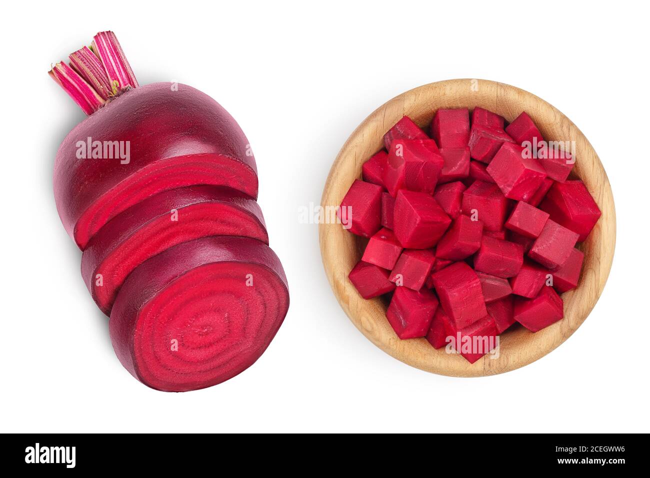 beetroot diced in wooden bowl isolated on white background with ...