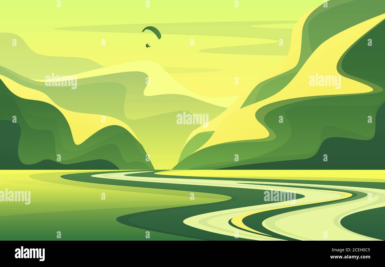 Mountain landscape with peaceful river valley in the summer. Vector ...