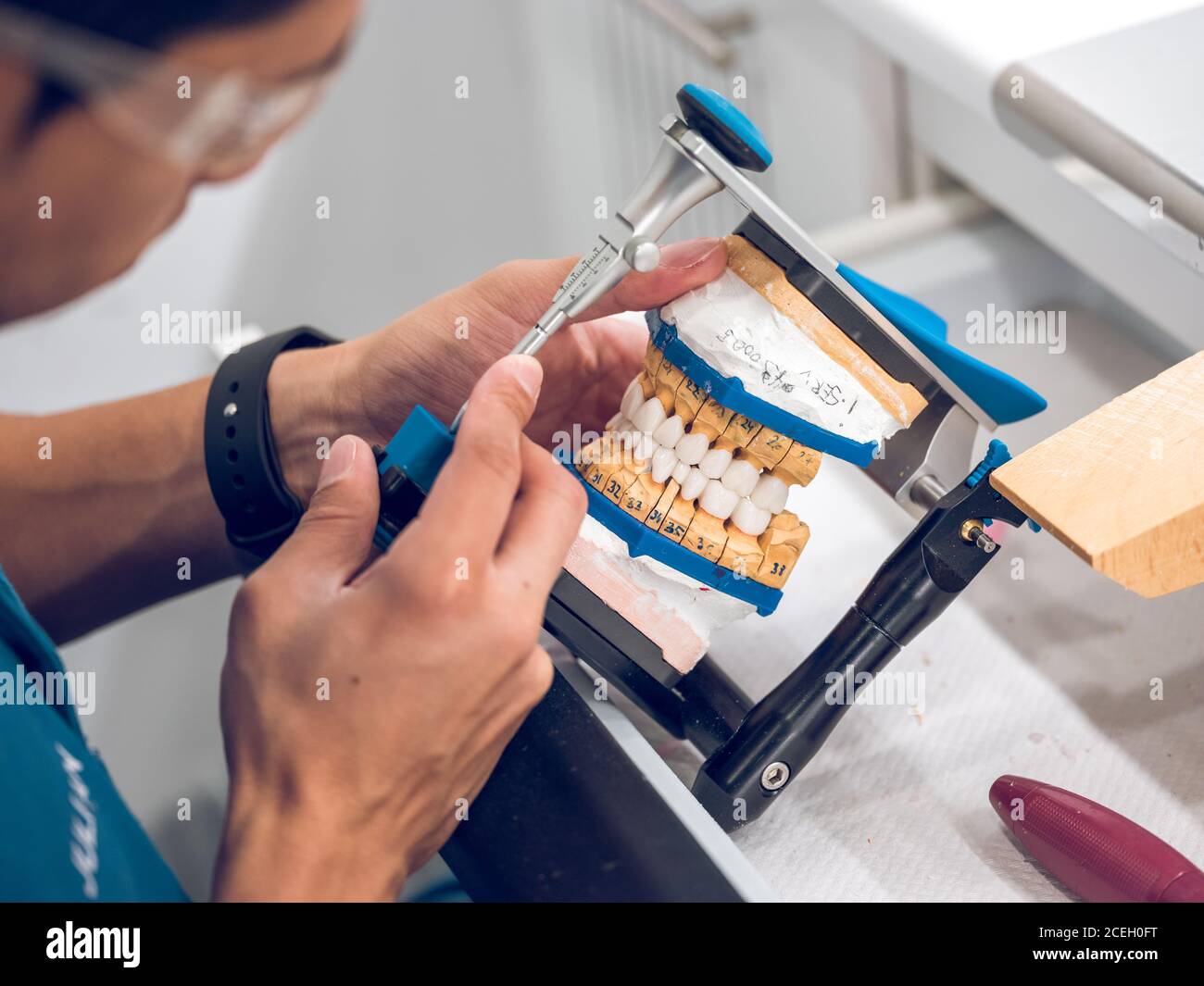 Dental technician holding artificial teeth on holder Stock Photo - Alamy