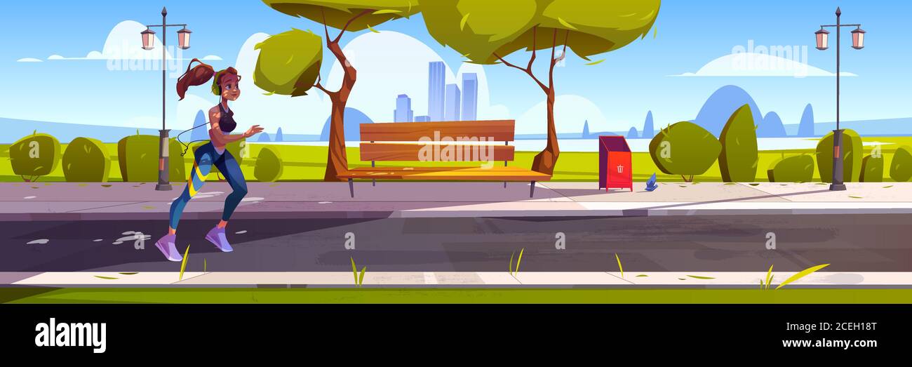 Young woman run in town park at morning. Vector cartoon illustration ...