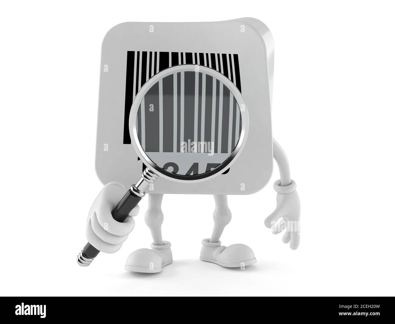 Barcode character looking through magnifying glass isolated on white ...