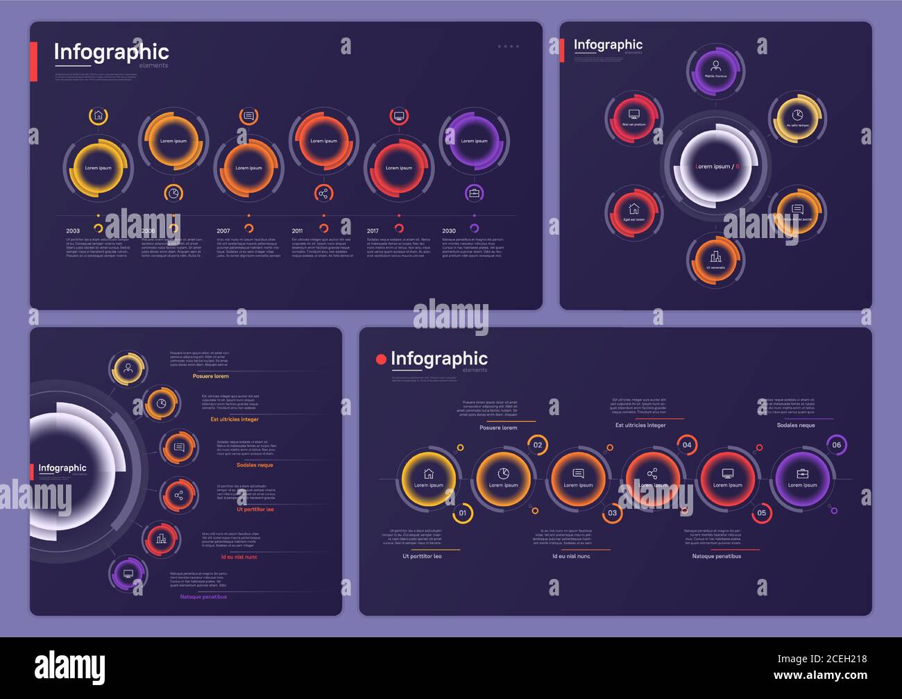 Collection of various vector infographic templates on a deep blue ...