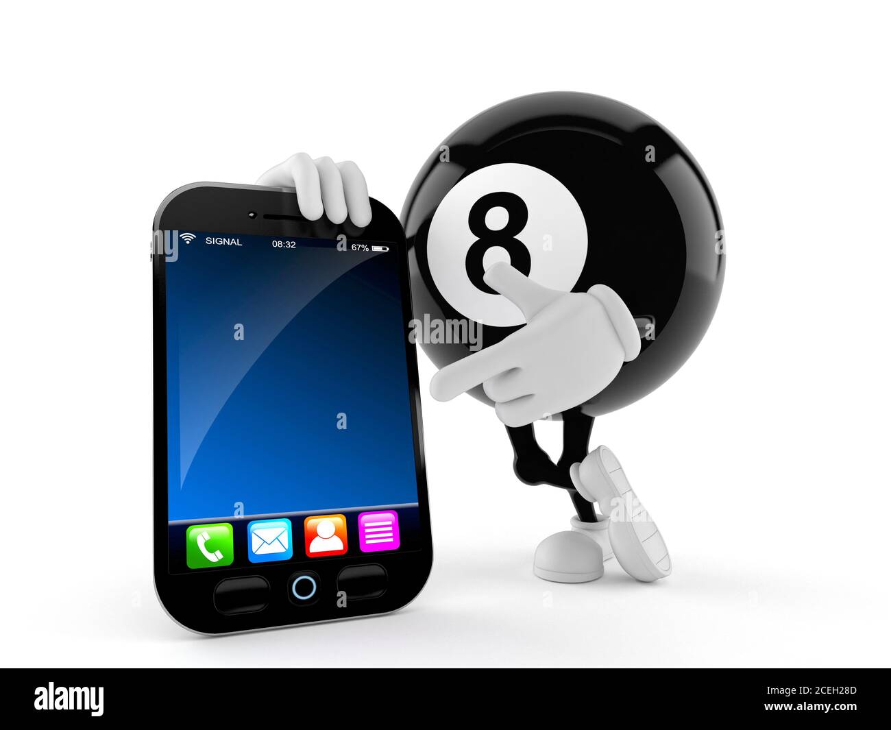 Eight ball character with smart phone isolated on white background ...