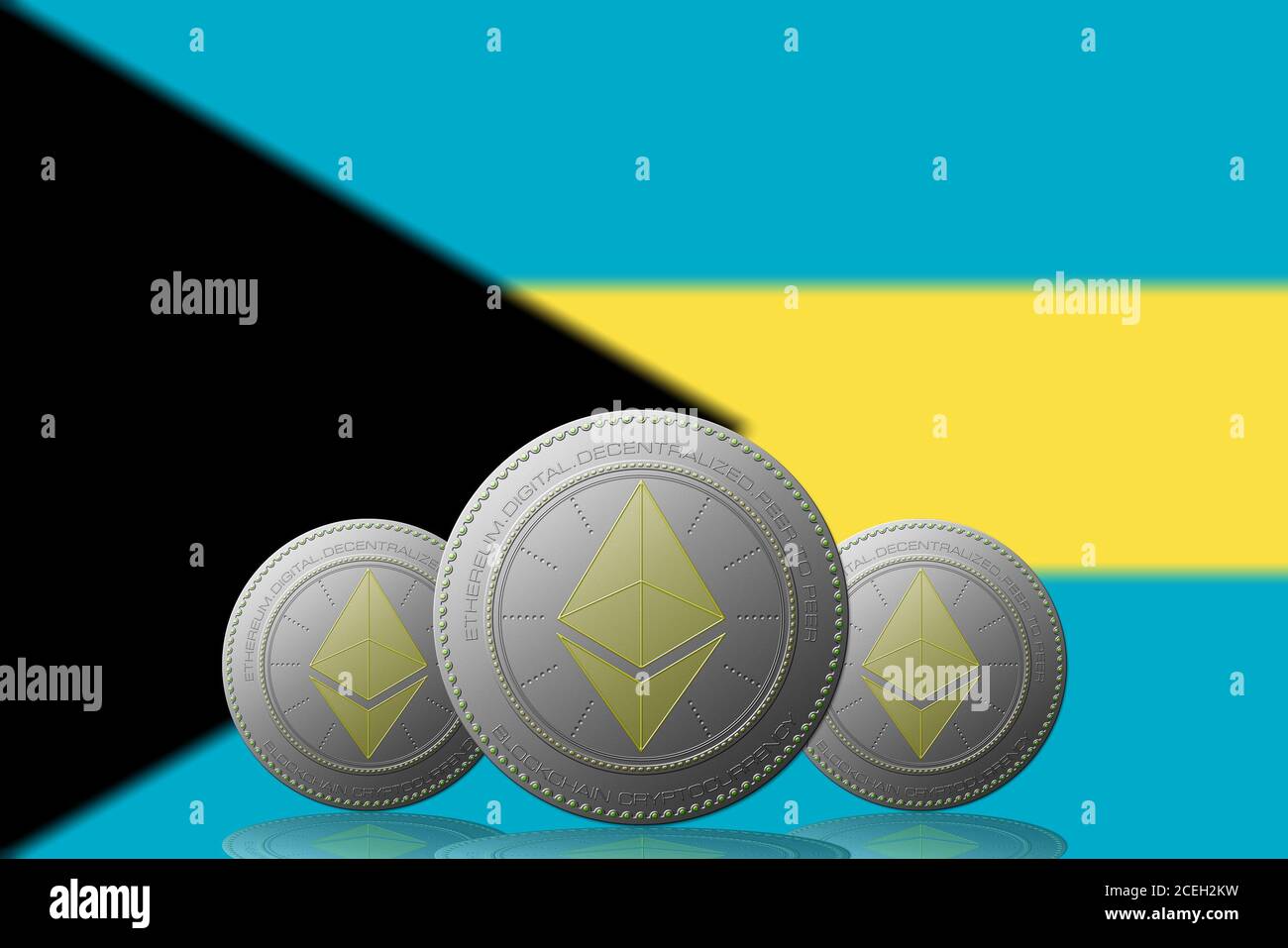 3D ILLUSTRATION Three ETHEREUM cryptocurrency with Bahamas flag on ...