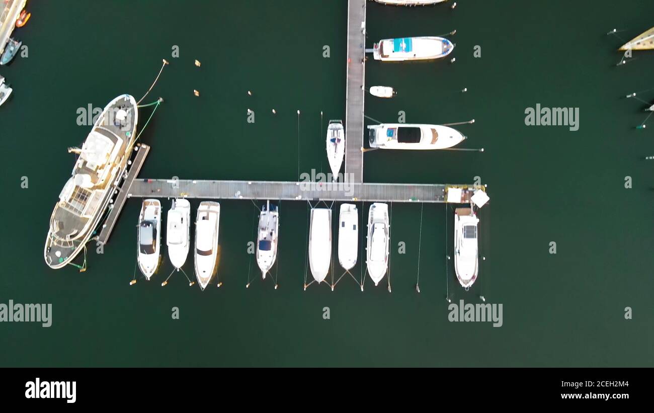 Overhead aerial view of Rimini Port and Docked Boats in summer season ...