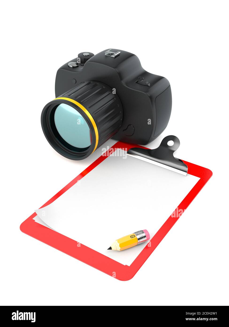 Camera with blank clipboard isolated on white background Stock Photo ...