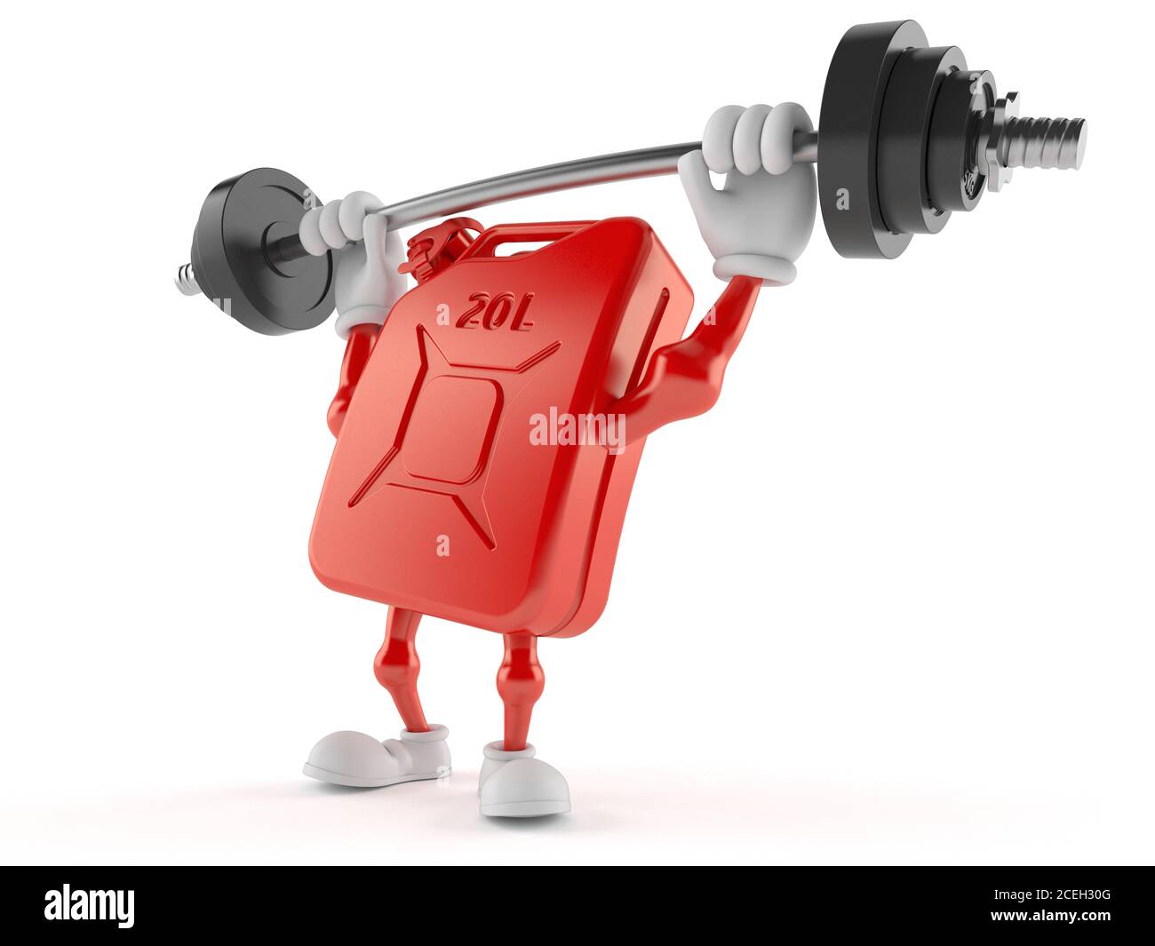 Petrol canister character lifting heavy barbell isolated on white ...