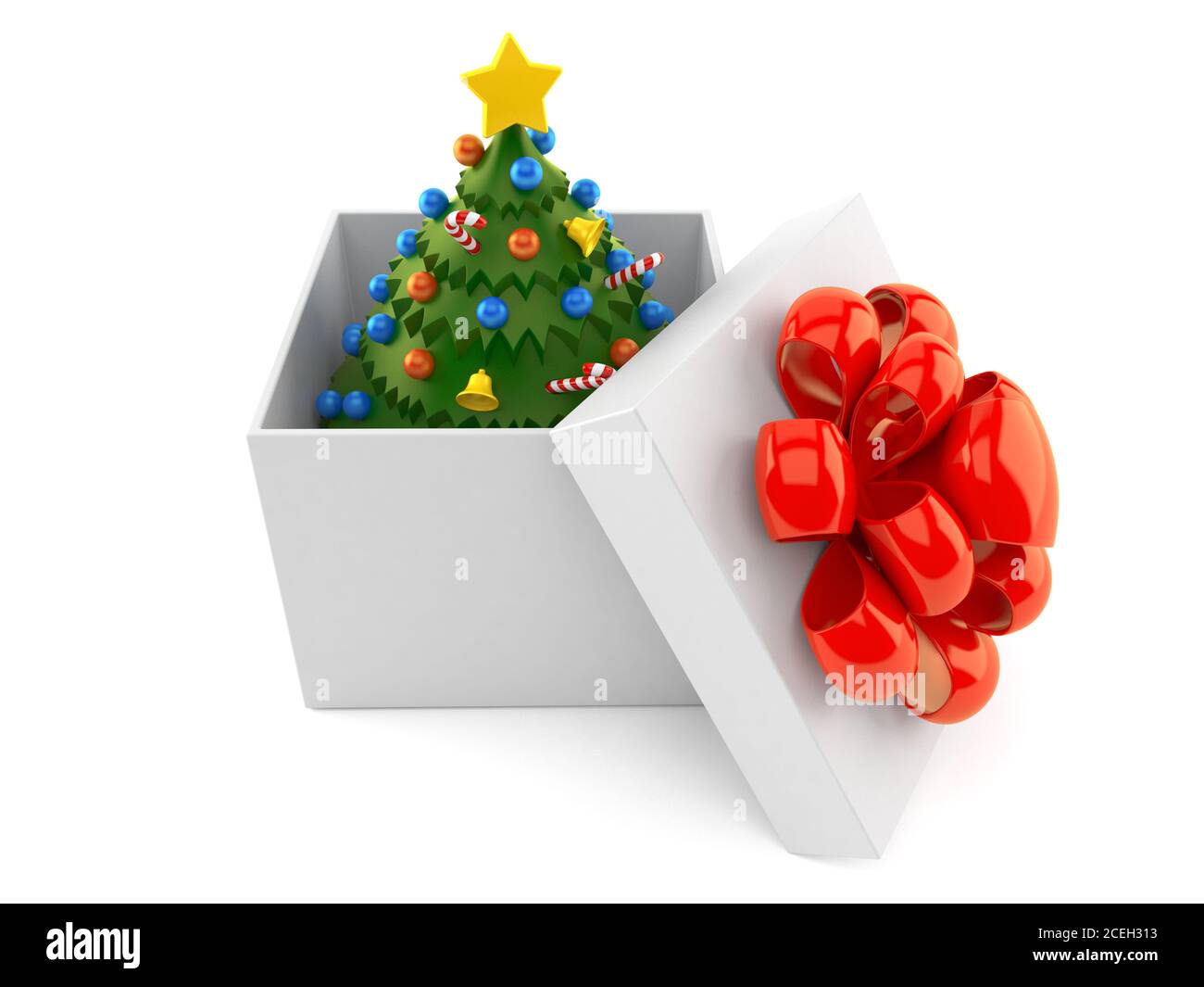 Christmas tree inside gift isolated on white background Stock Photo - Alamy