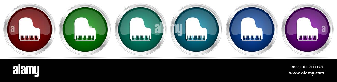 Piano, music icons, set of silver metallic glossy web buttons in 6 ...