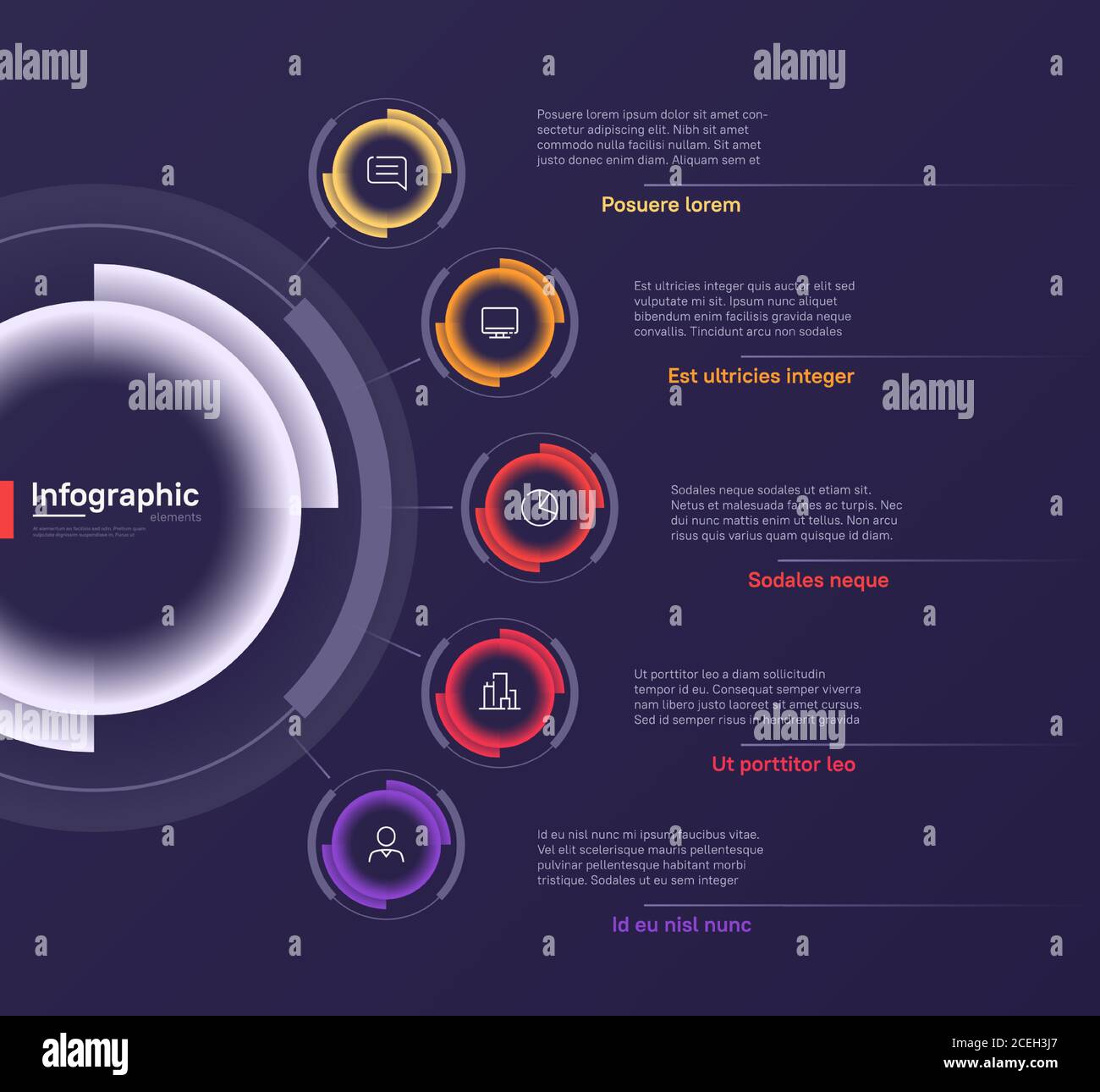 Vector infographic round chart template on a deep blue background. Five ...