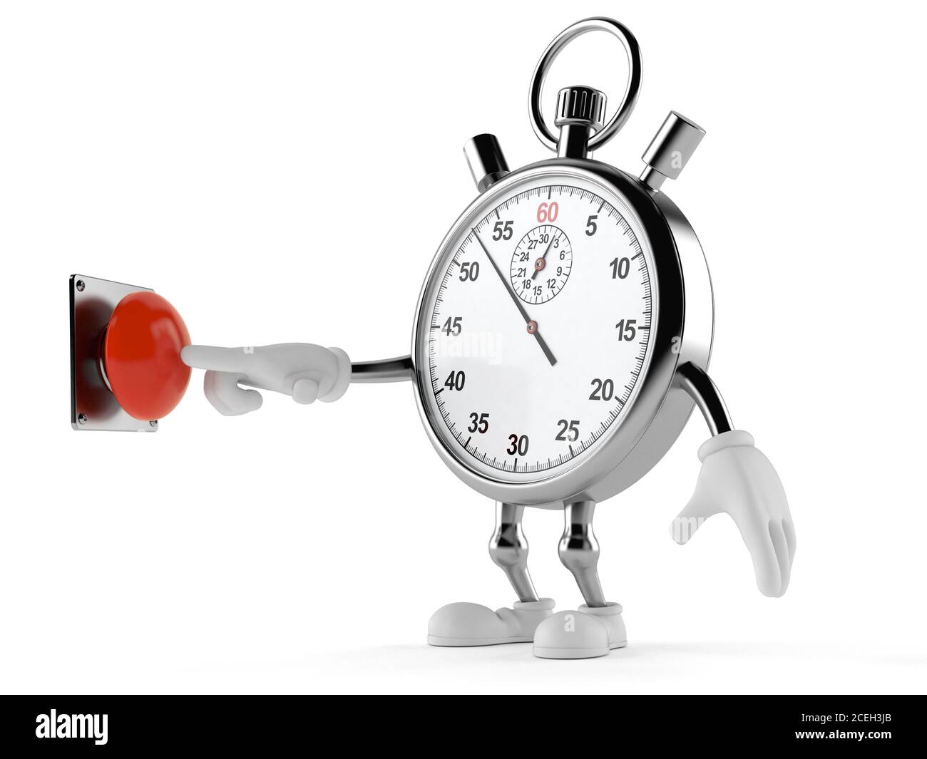 Stopwatch character pushing button isolated on white background Stock ...