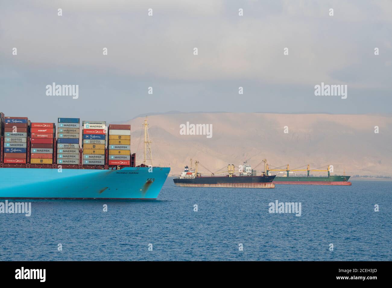 Egypt, Suez Canal. Maersk Line container ship transiting the Canal ...