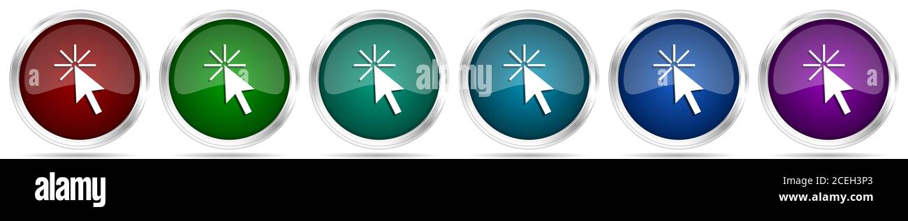 Click here icons, set of silver metallic glossy web buttons in 6 color ...