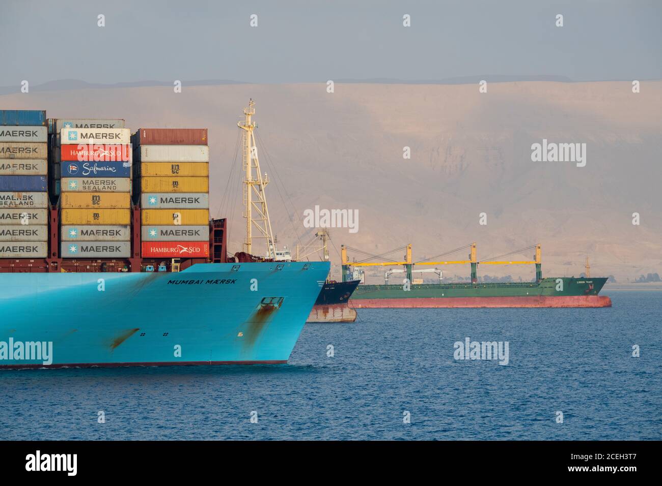 Egypt, Suez Canal. Maersk Line container ship transiting the Canal ...