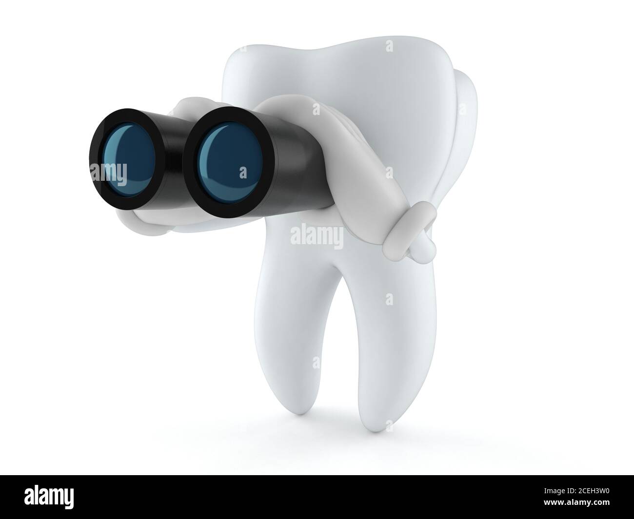 Tooth character looking through binoculars isolated on white background ...