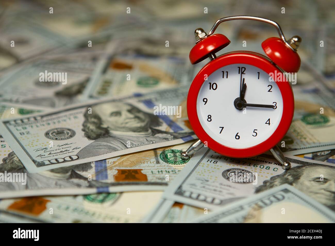 Time - money. Business concept. Analog hours on a heap of paper dollars ...