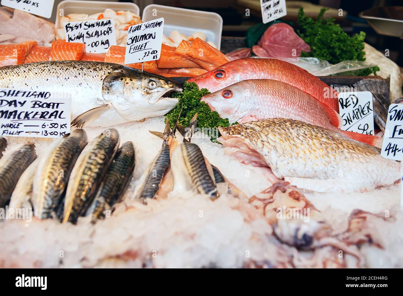 Freshly caught Sea fishes and other seafood on display at Borough ...