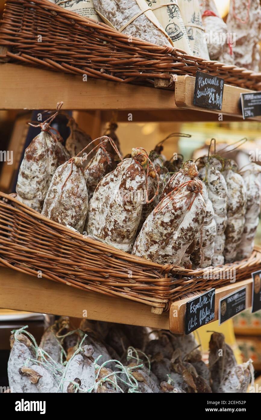 Saucissons on Borough market in London. Saucissons is large thick ...