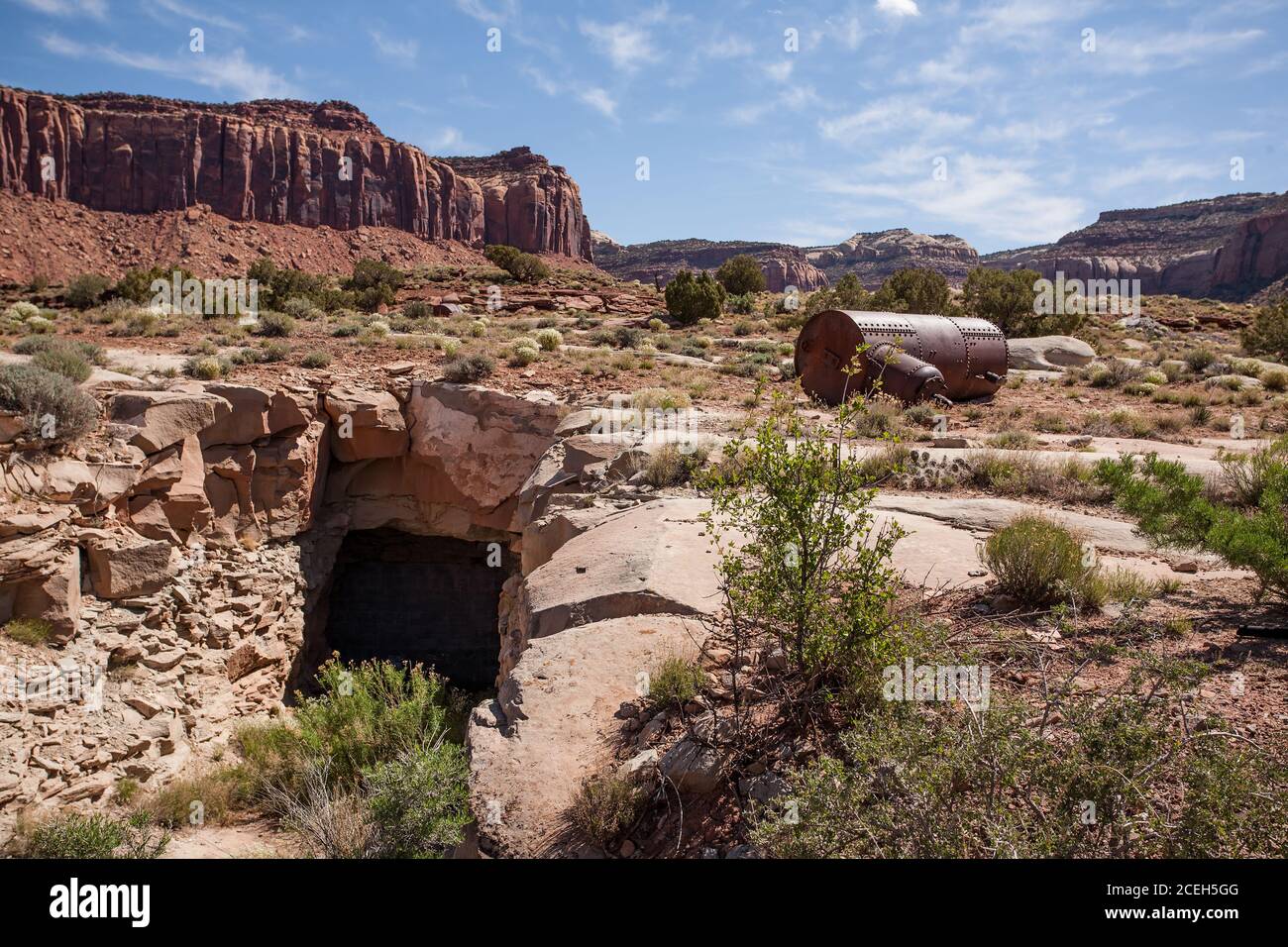 An old steam boiler at the site of an old uranium mine in the canyon ...