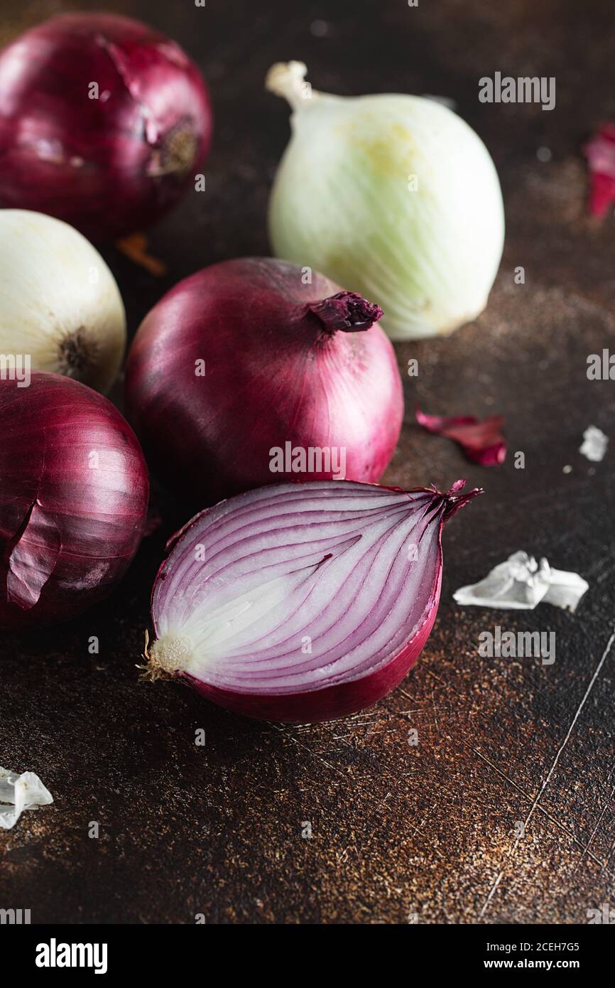 red onions on dark background. Red onion halves. Food Ingredients Stock ...