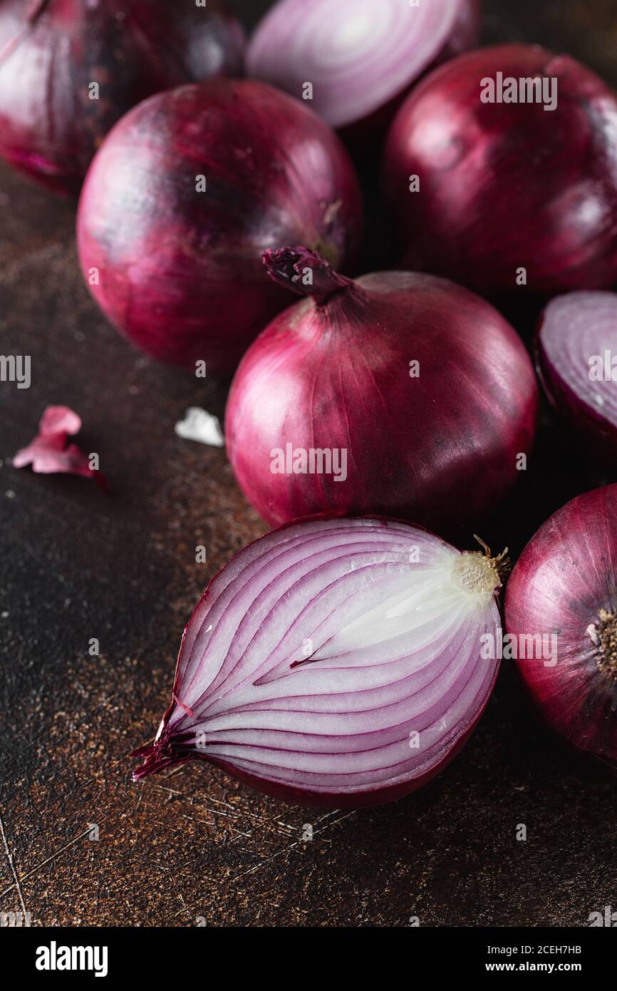 red onions on dark background. Red onion halves. Food Ingredients Stock ...