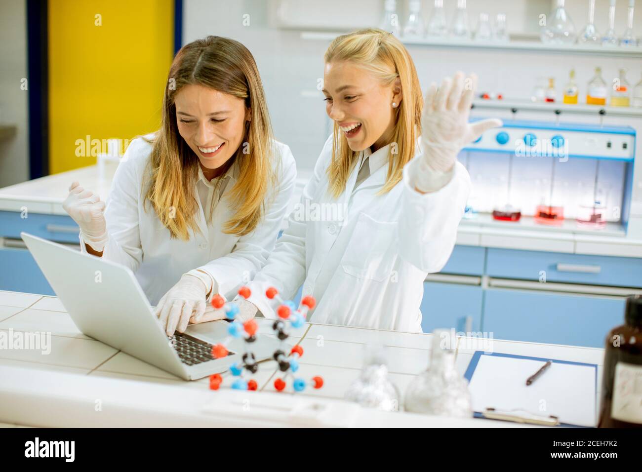 Cute female researchers in white lab coat using laptop while working in ...