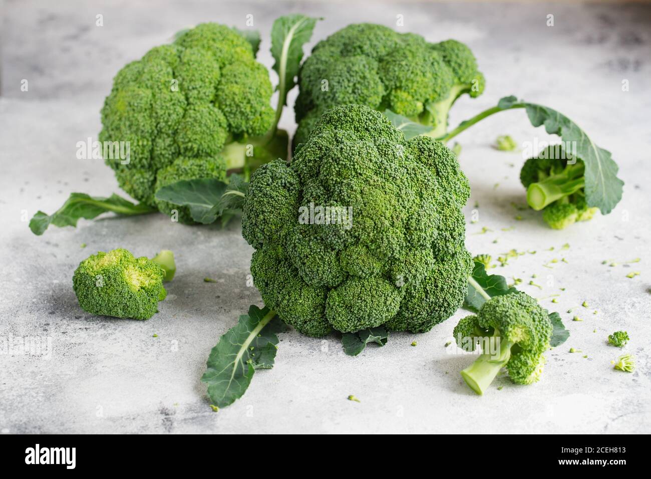 Fresh green broccoli on a light grey background. Macro photo green ...