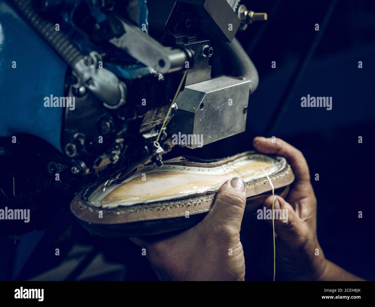 unrecognizable craftsman making shoes on machine Stock Photo - Alamy