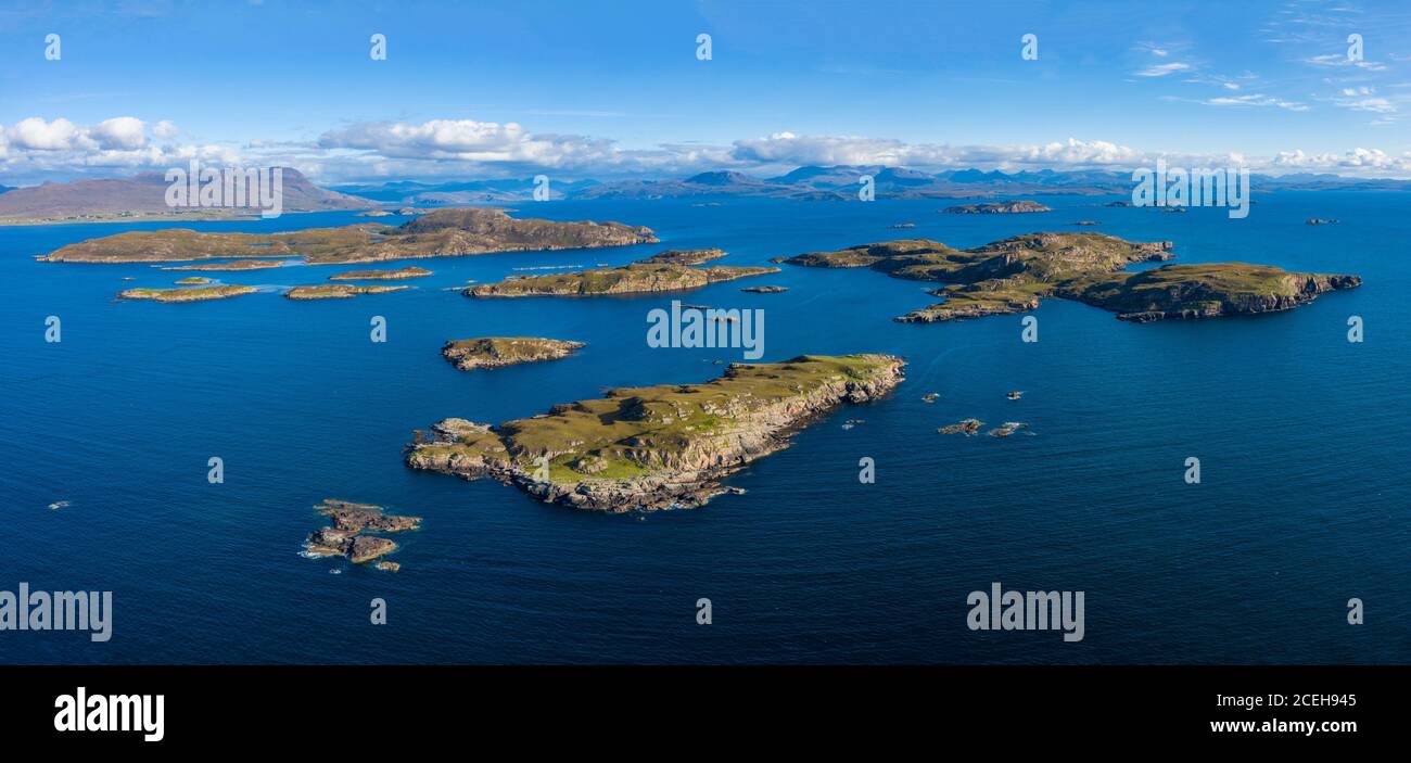 Aerial view of the Summer Isles archipelago lying in the mouth of Loch ...