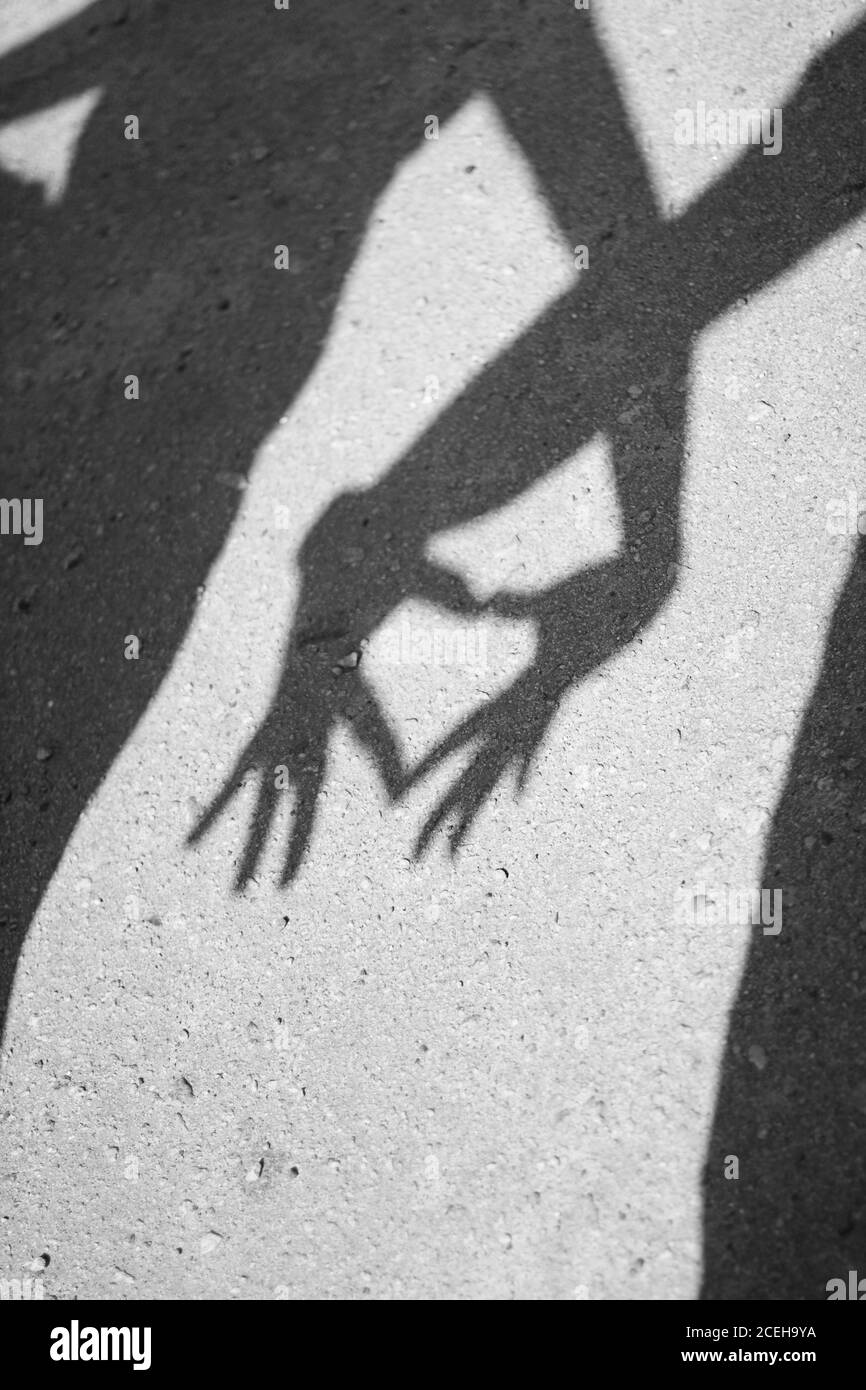 Two hands forming a heart shadow on the asphalt. Black and white ...