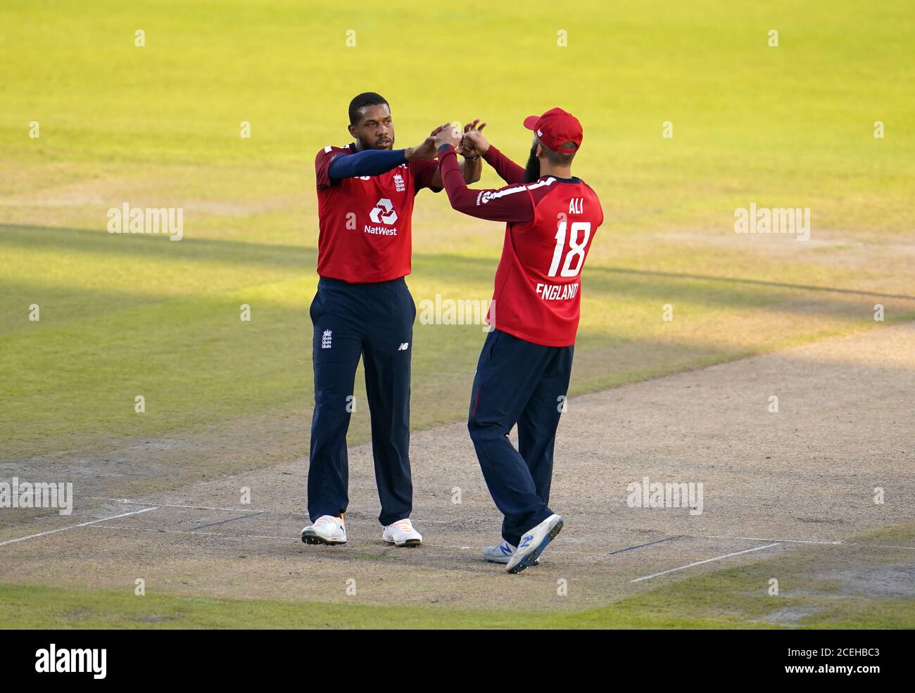 England's Chris Jordan (left) celebrates the wicket of Pakistan's ...