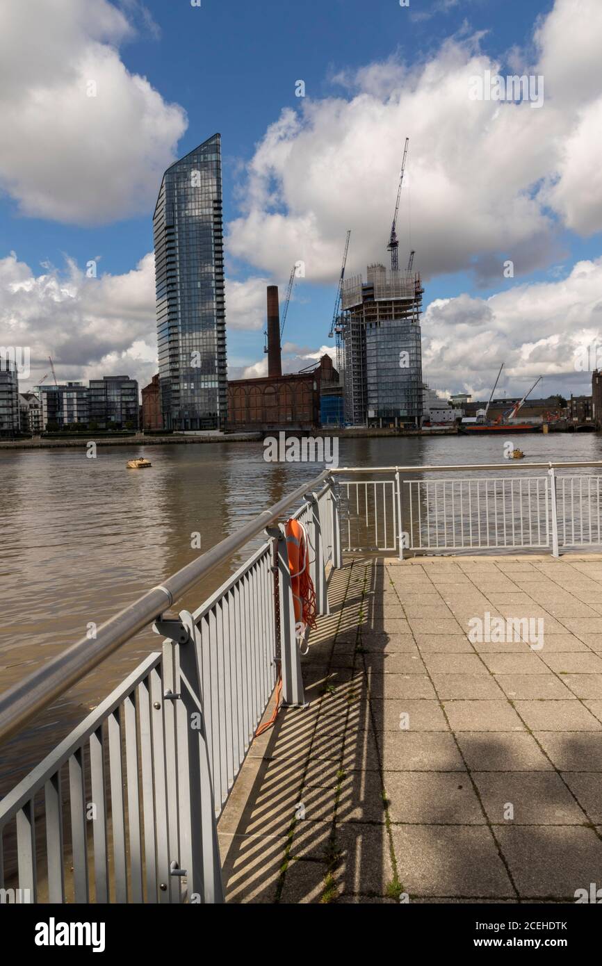 Riverside architecture along the river Thames at Battersea, London ...