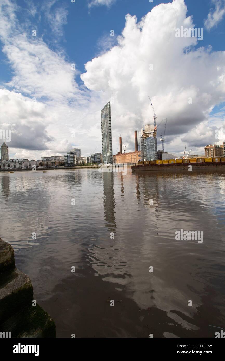 Riverside architecture along the river Thames at Battersea, London ...